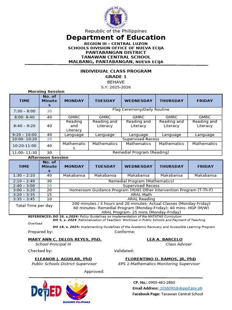 Class Program Grade 1 2025-2026 | PDF | Pedagogy | Learning