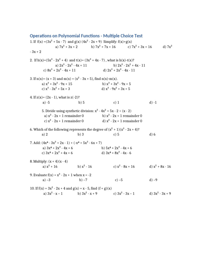 Operations On Polynomials Test | PDF