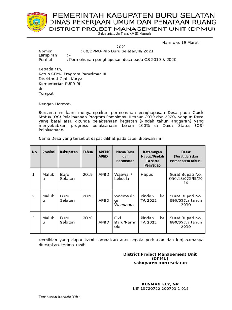 SURAT DPMU Permohonan Pencabutan Nama Desa Pad Qs 2019-2020 | PDF