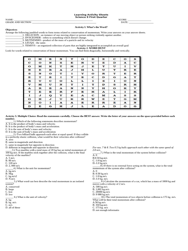 Learning Activity Sheets - Conservation of Momentum | PDF | Momentum ...