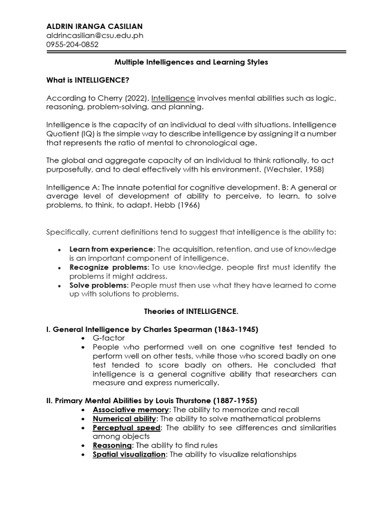 Multiple Intelligences and Learning Style Casilian 1 | PDF | Intelligence | Learning Styles