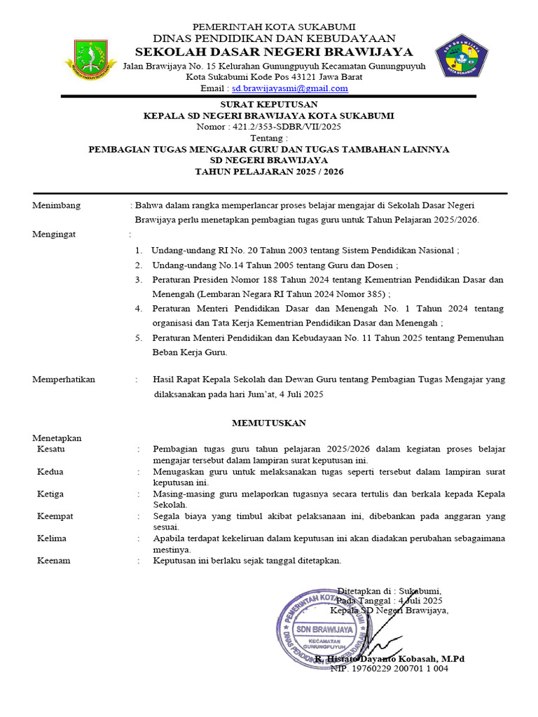 SK - Pembagian Tugas Mengajar TP. 2025-2026 | PDF