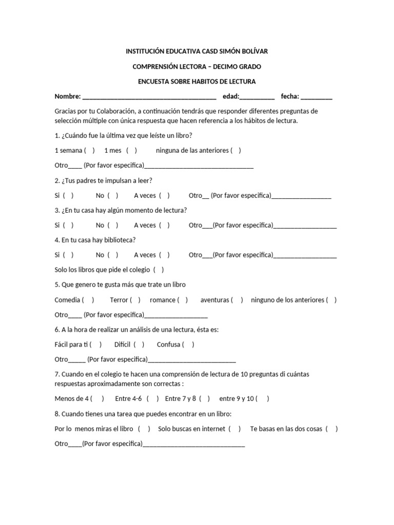 Encuesta Sobre Lectura CASD 10 | PDF