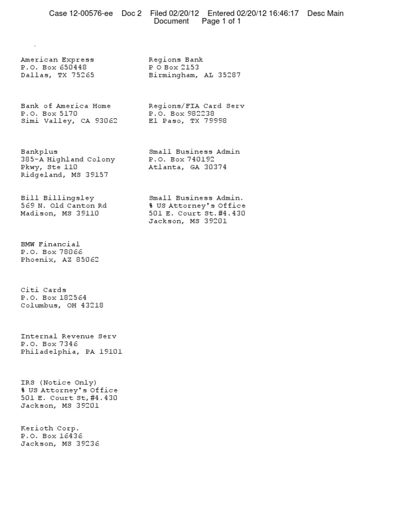 Creditor Address Matrix for Bankruptcy | PDF