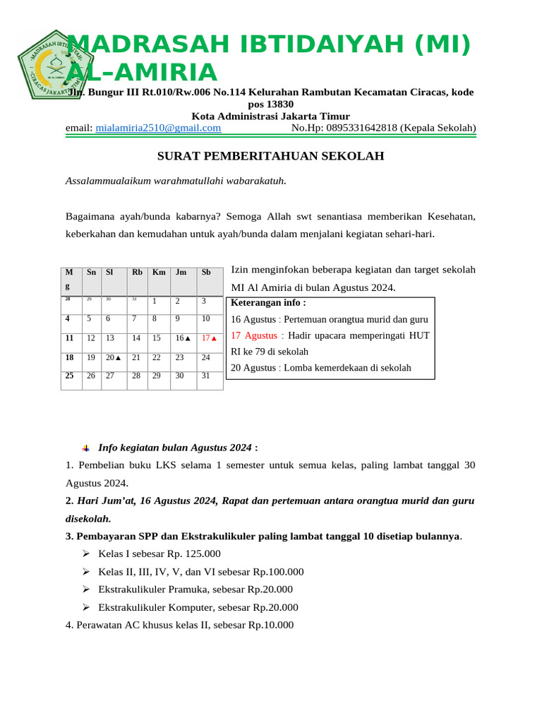 Kegiatan MI Al Amiria Agustus 2024 | PDF