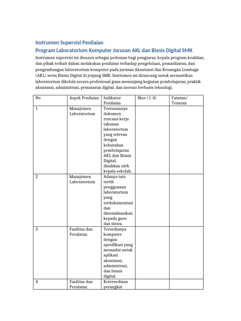 Instrumen Supervisi Lab Komputer AKL Bisnis Digital SMK | PDF