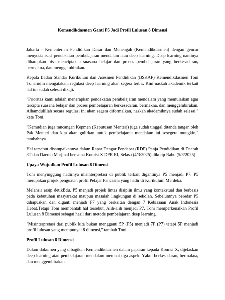 Kemendikdasmen Ganti P5 Jadi Profil Lulusan 8 Dimensi | PDF