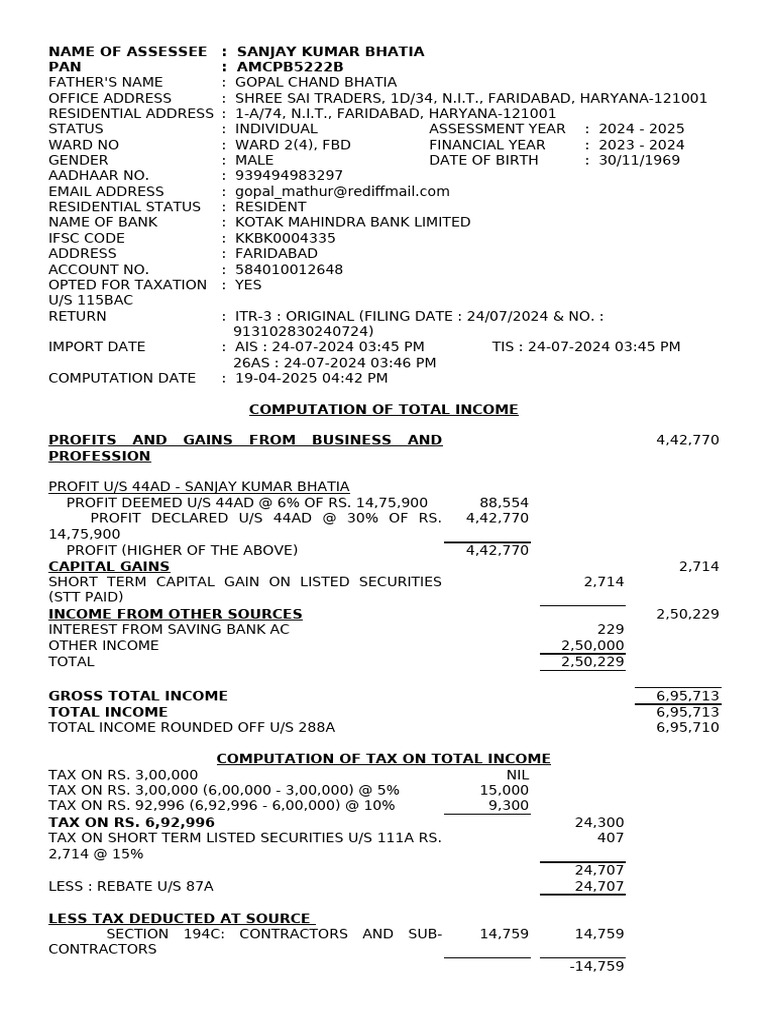 Tax Computation for Sanjay Bhatia 2024 | PDF | Tax Refund | Public Finance
