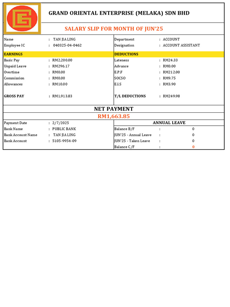 Payslip For Jun'25 - Tan Jia Ling | PDF