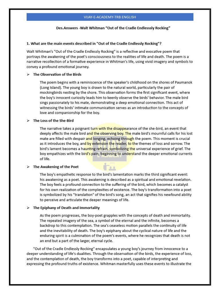 Des - Answers - Walt Whitman "Out of The Cradle Endlesssly Rocking ...