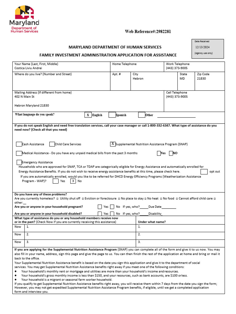 FIA Application for SNAP Assistance | PDF | Supplemental Nutrition ...