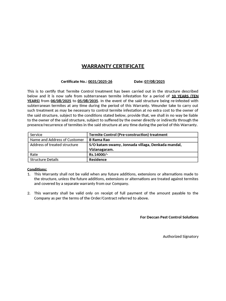 Termite Treatment Warranty Certificate | PDF