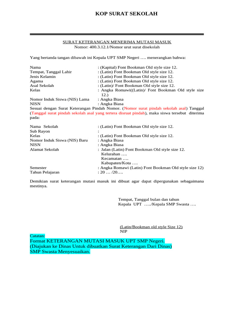 CONTOH Format Surat Mutasi Masuk | PDF