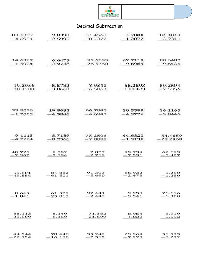 MM Decimal Subtraction Worksheet | PDF