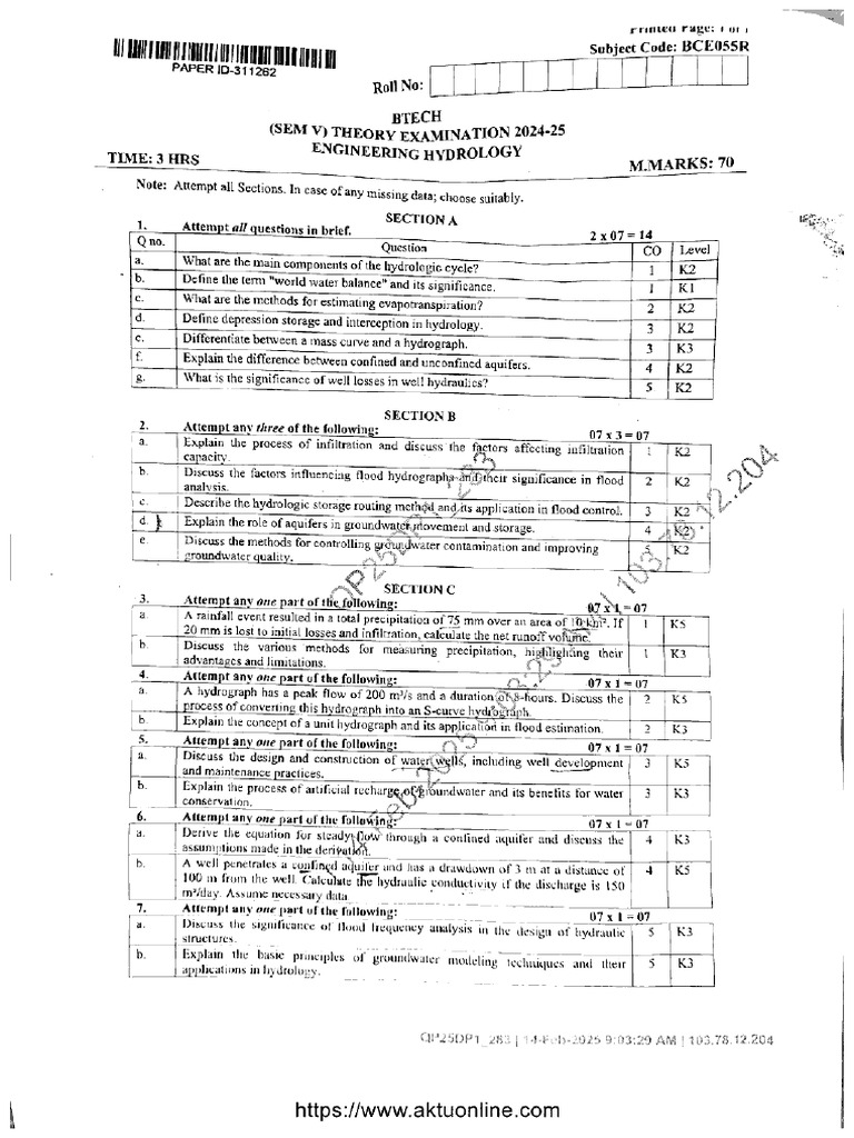 Btech Ce 5 Sem Engineering Hydrology Bce055r Feb 2025 | PDF