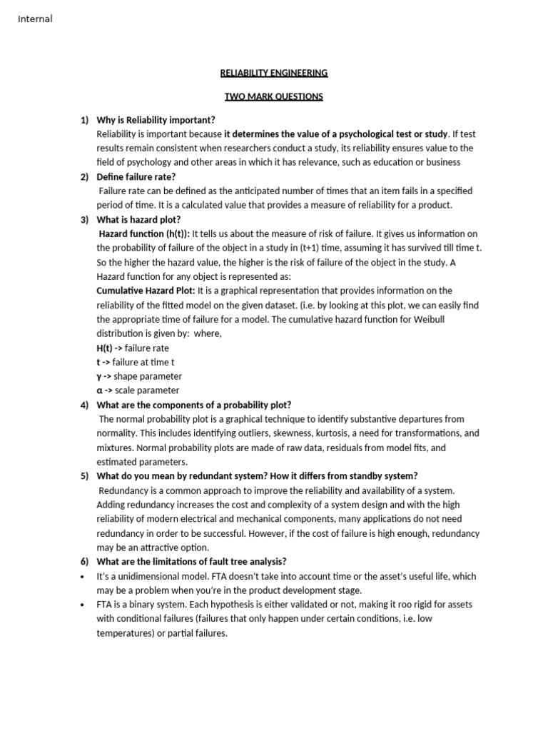 Reliability Two Mark Questions | PDF | Reliability Engineering | Risk