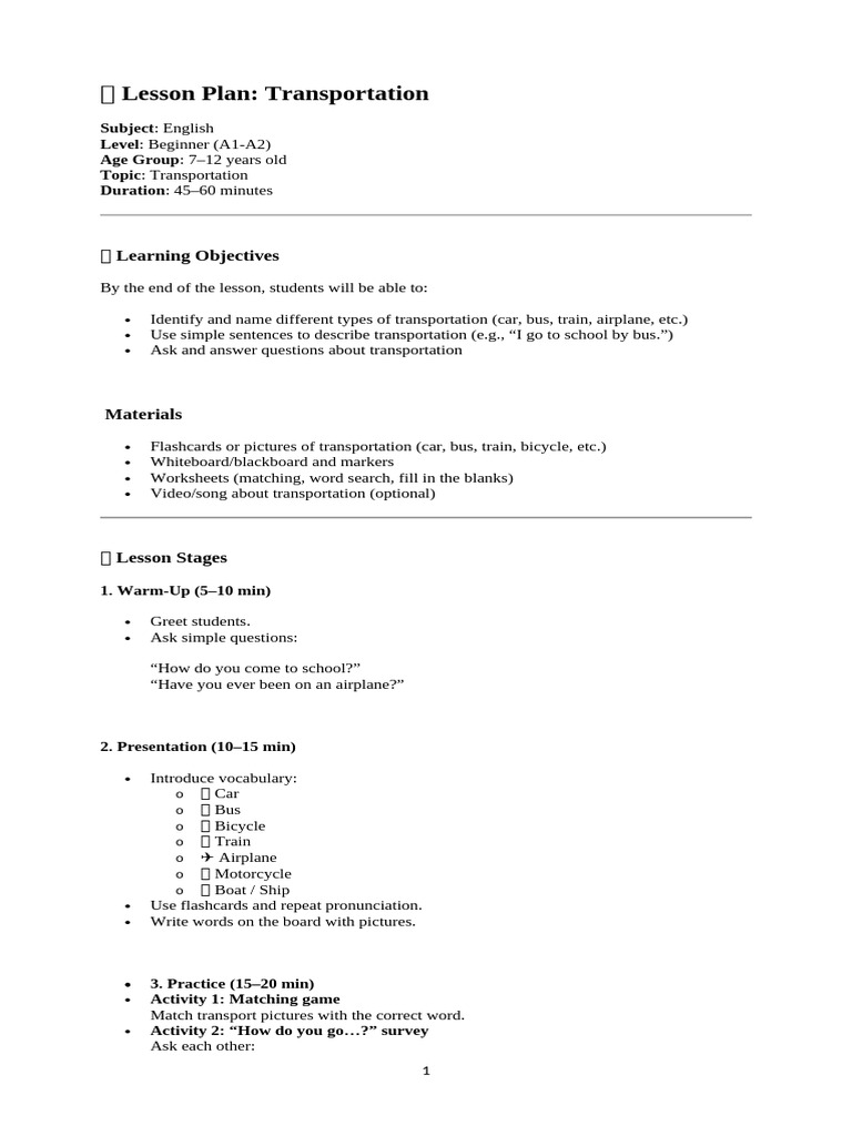 Transportation Lesson Plan for Kids | PDF | Transport | Land Transport