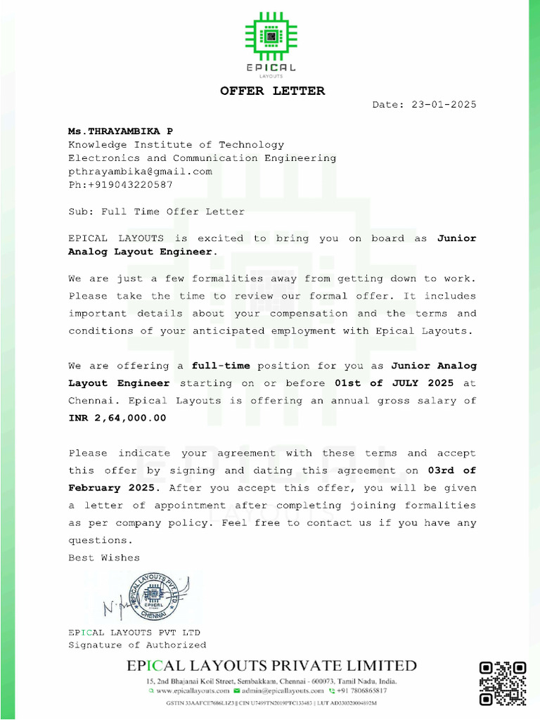 Internship Offer Letter - Ms - Thyambika | PDF