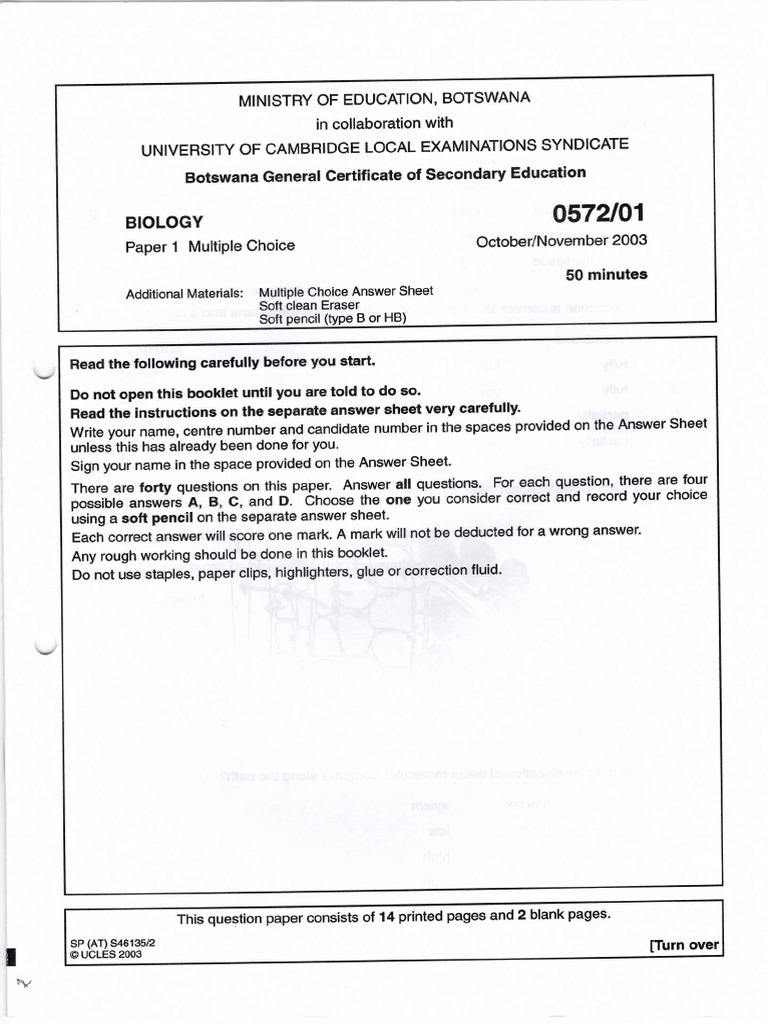 Bio Paper 1 2003 | PDF