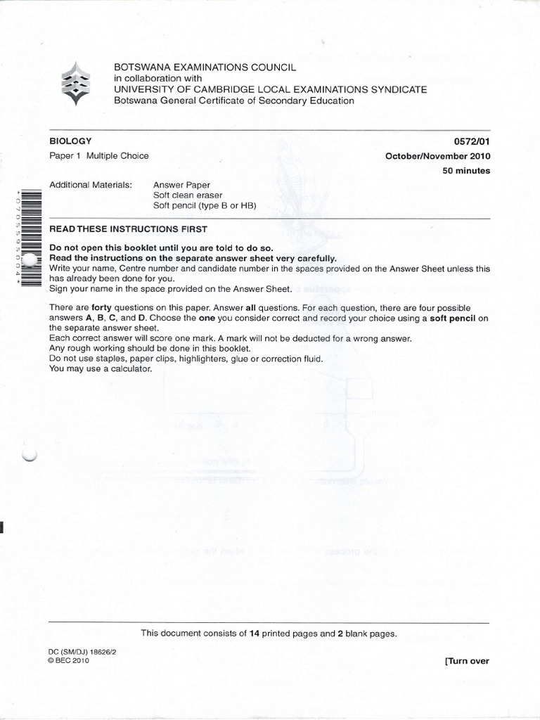 BIO PAPER 1 2010 | PDF