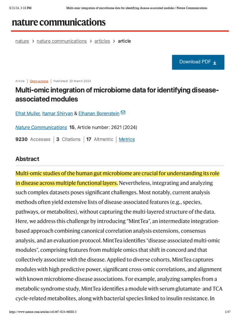 Multi-Omic Integration of Microbiome Data For Identifying Disease-Associated Modules | PDF