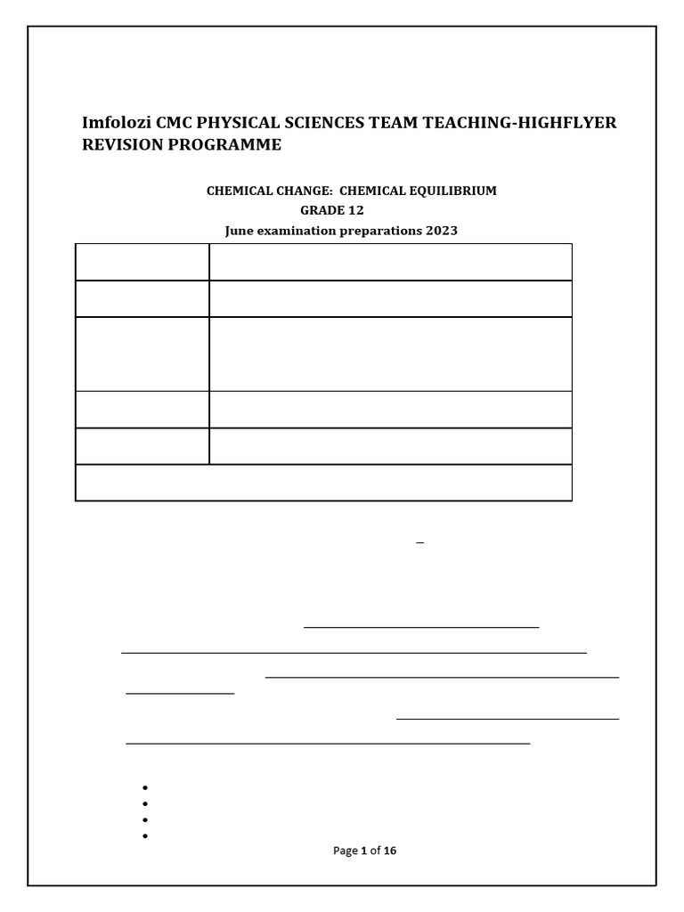 Grade 12 Chemical Equilibrium Guide | PDF | Chemical Equilibrium ...