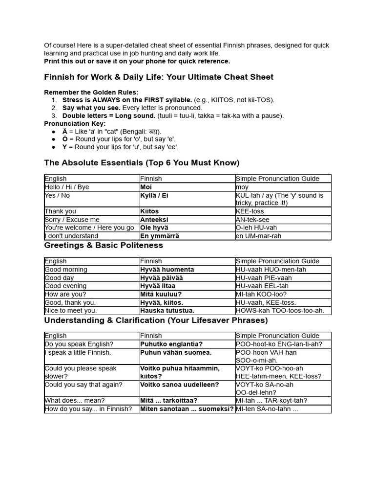 Finnish Language Structure Cheat Sheet | PDF
