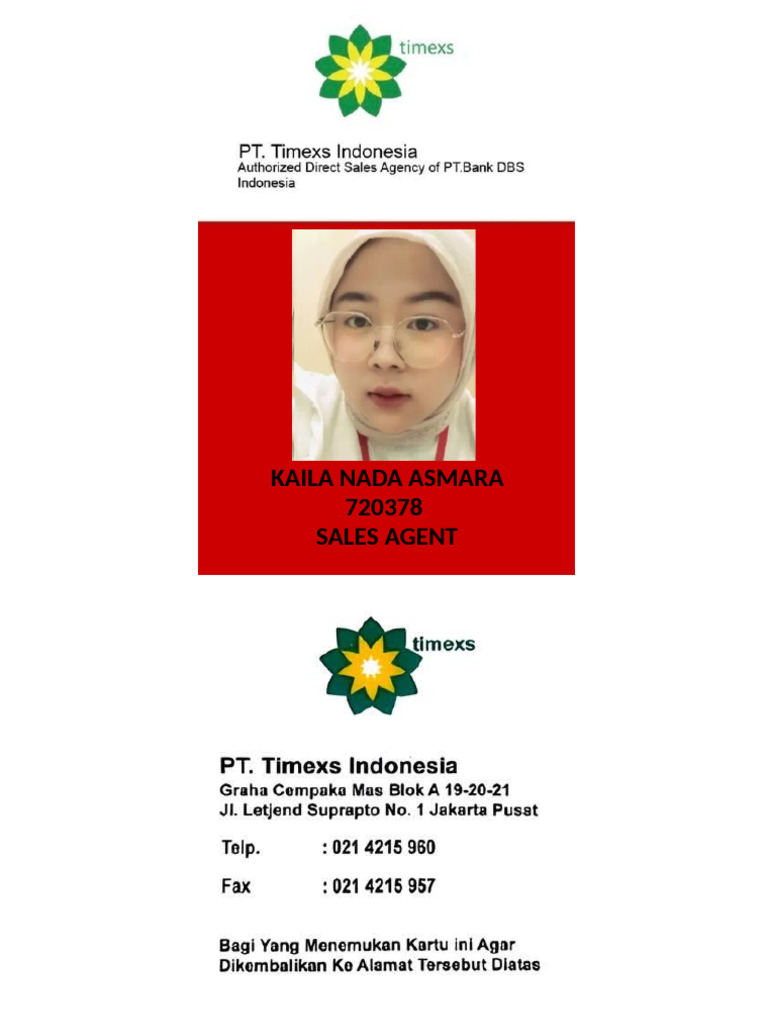 Template Idcard Dbs PT Timexs Indonesia Kaila | PDF