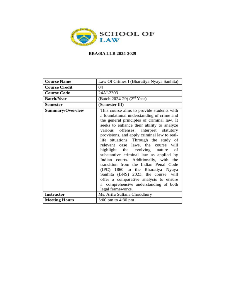 Law of Crimes-I 2024-2029 Bba Ba LLB | PDF | Crimes | Crime & Violence