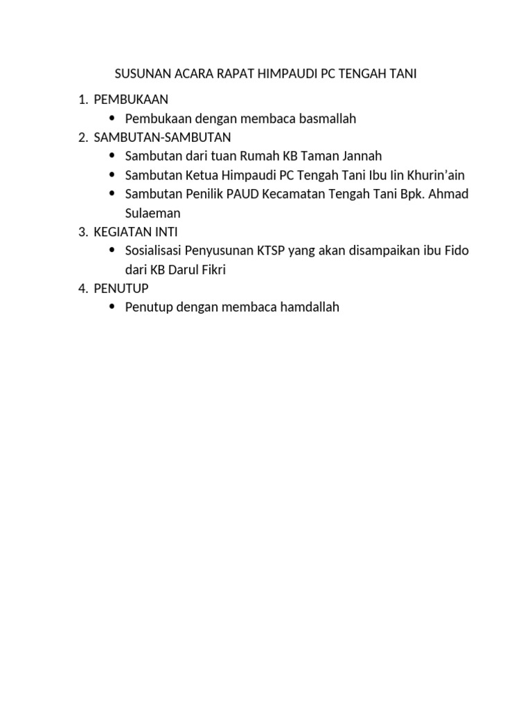 Susunan Acara Rapat Himpaudi Pc Tengah Tani | PDF