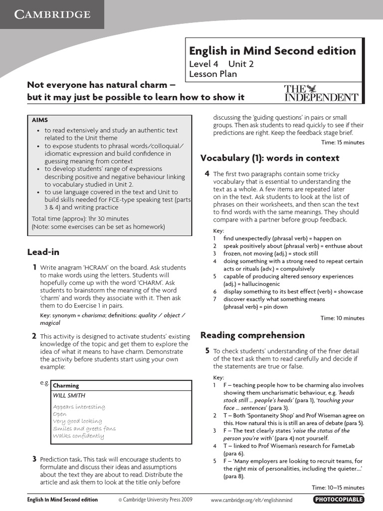 English in Mind2 Level4 Unit2 Extra Reading Practice Lesson Plan | PDF ...