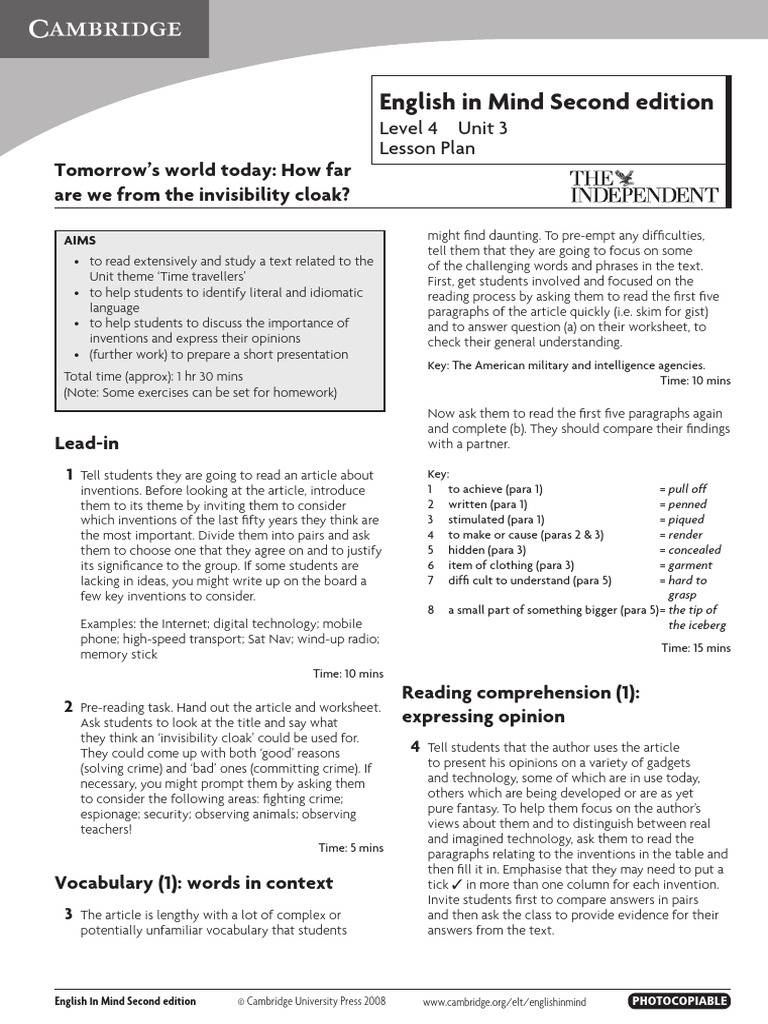 English in Mind2 Level4 Unit3 Extra Reading Practice Lesson Plan | PDF