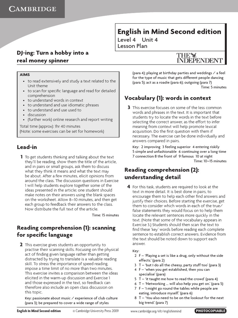 English in Mind2 Level4 Unit4 Extra Reading Practice Lesson Plan | PDF ...