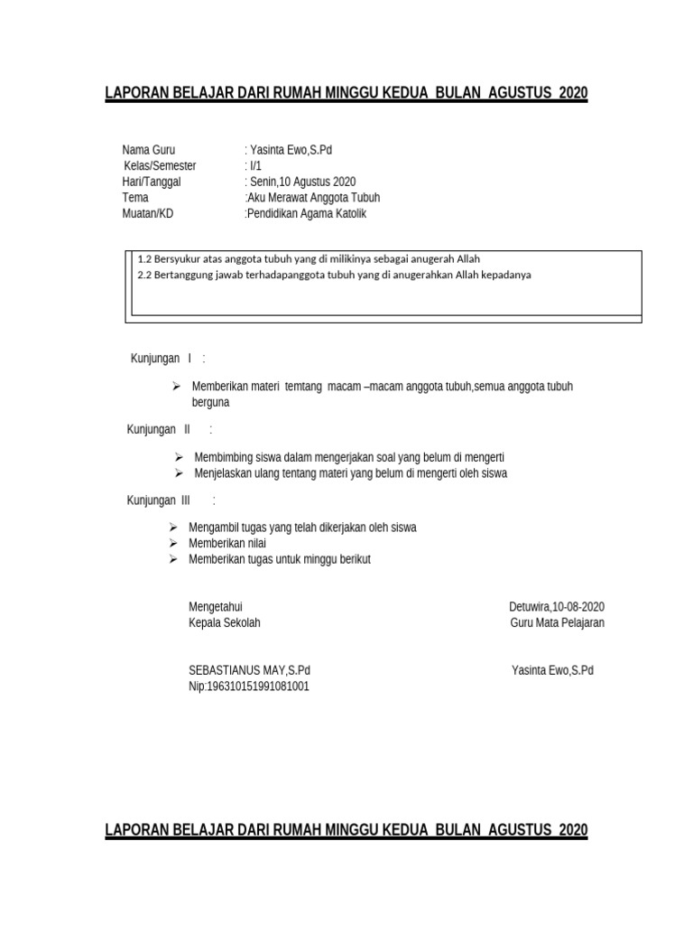 Laporan BDR Minggu Ke-2 Dan Ke-3 Bulan Agustus 2020 Mapel Agama | PDF