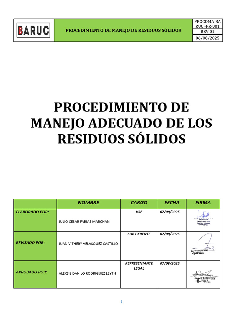 Ma-Pr-002 Rev 00 Procedimiento Manejo de Residuos Solidos Peligrosos y No Peligrosos | PDF ...