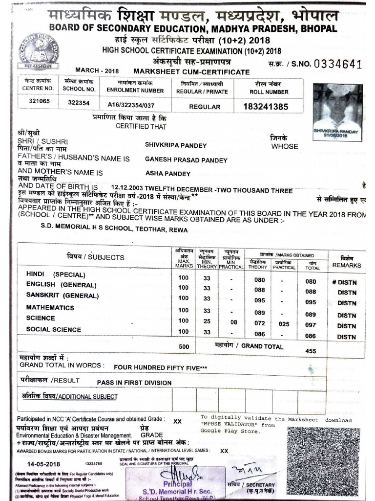 Madhya Pradesh 2018 High School Certificate | PDF