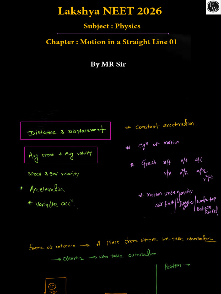1.motion in A Straight Line 01 Class Notes Lakshya NEET 2026 | PDF