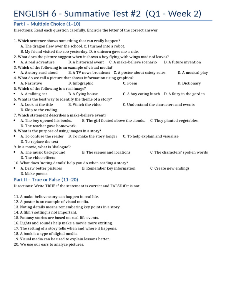 English 6 Summative Test #2 Answers | PDF