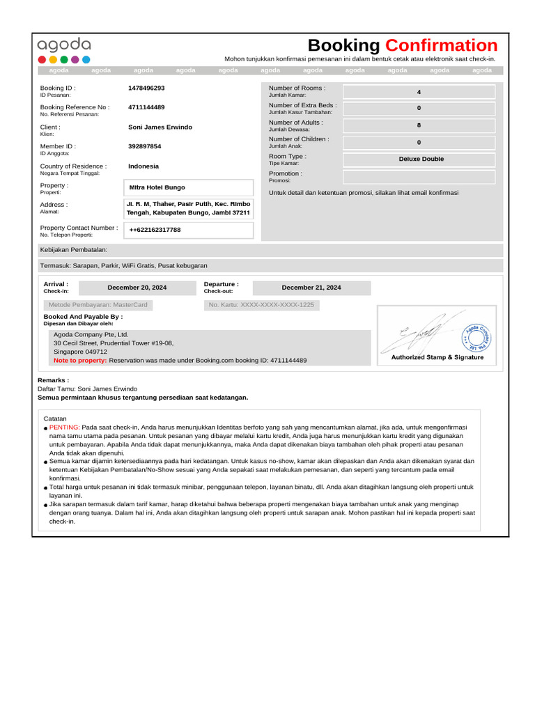 Konfirmasi Pemesanan Hotel Bungo | PDF