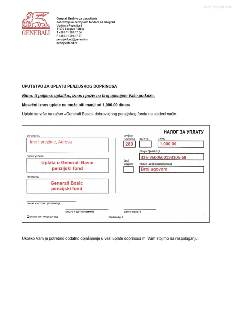 Primer Uplatnice Generali Basic Novi Racun | PDF