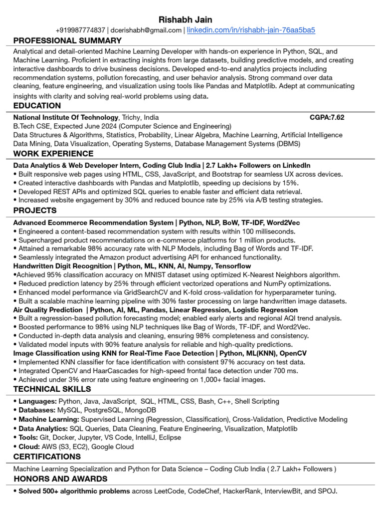 Machine Learning Developer Resume by Coding Mafia-2 | PDF | Machine Learning | Artificial ...