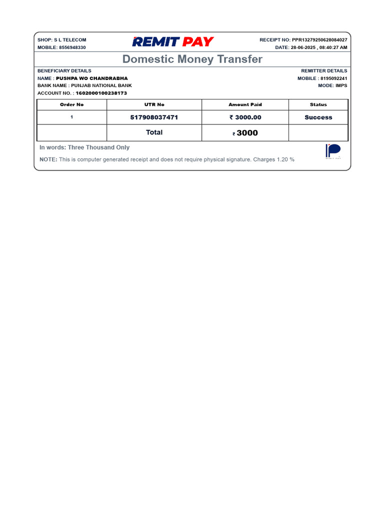 IMPS Receipt for Pushpa Wo Chandrabha | PDF