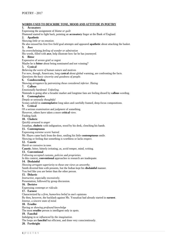 Poetry - Words Used To Describe Tone | PDF | Behavioural Sciences ...
