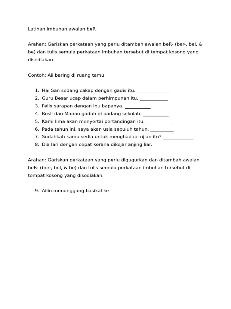 Latihan Imbuhan Awalan Ber- Kelas 4 | PDF