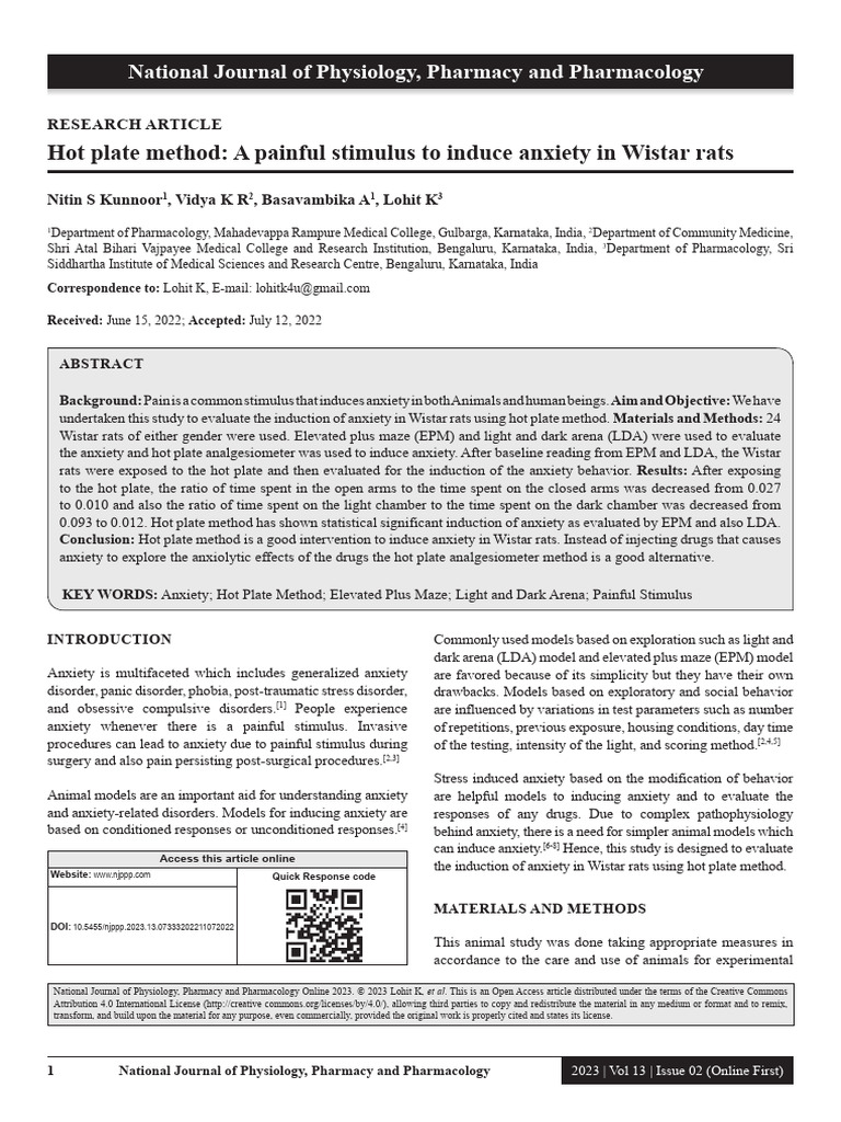 Nitin Kunnoor et al, Hot Plate Method.a Painful Stimulus to Induce ...
