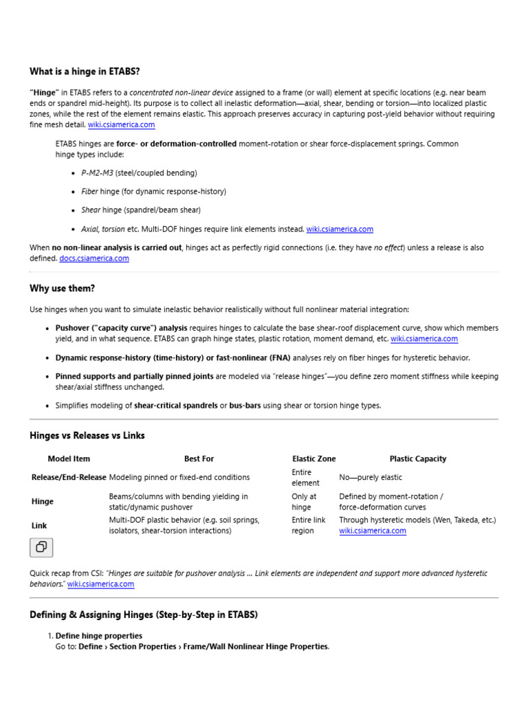 Understanding Hinge Mechanisms in ETABS | PDF | Elasticity (Physics ...