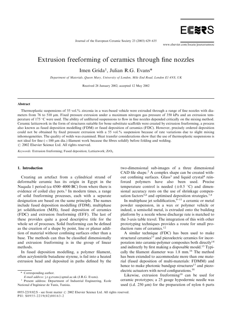 Extrusion Freeforming of Ceramics Through Fine Nozzles | PDF ...