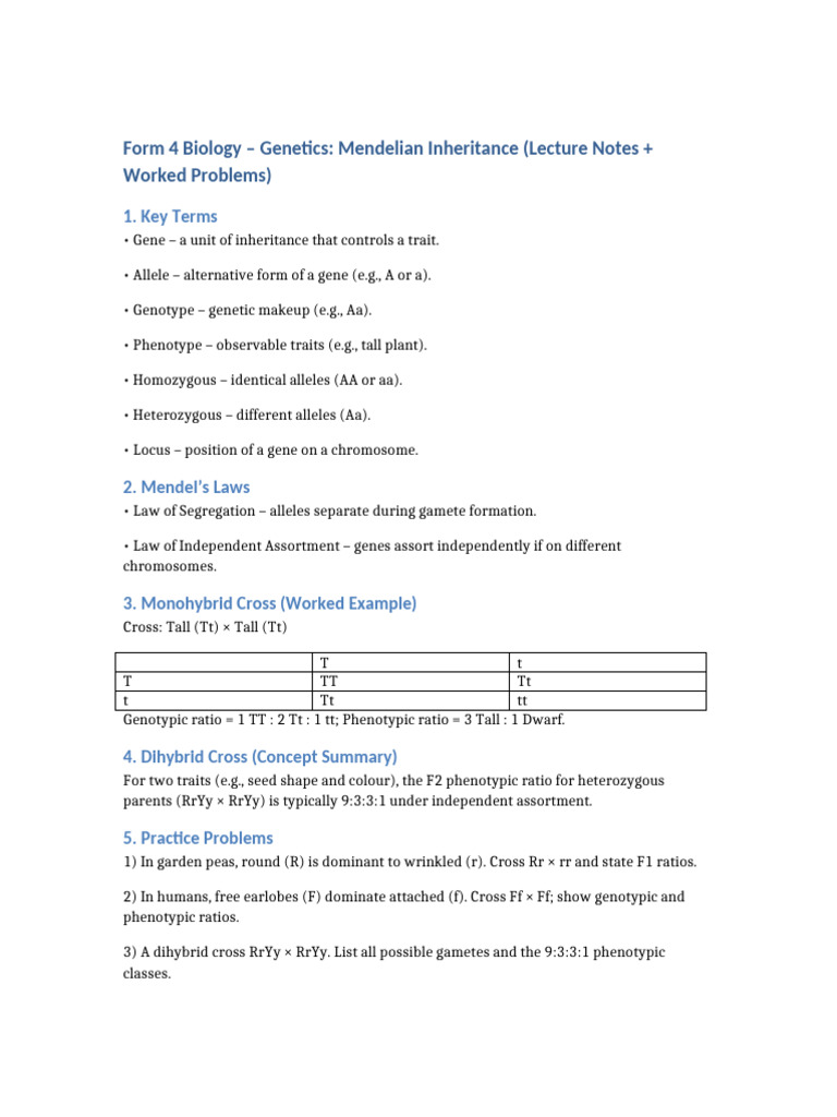 Biology Genetics Mendelian Inheritance Notes | PDF