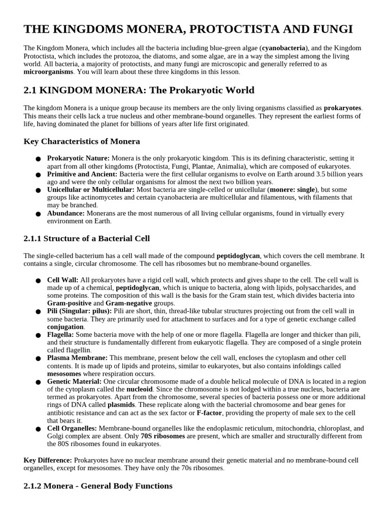 The Kingdoms Monera, Protocista and Fungi | PDF | Fungus | Bacteria