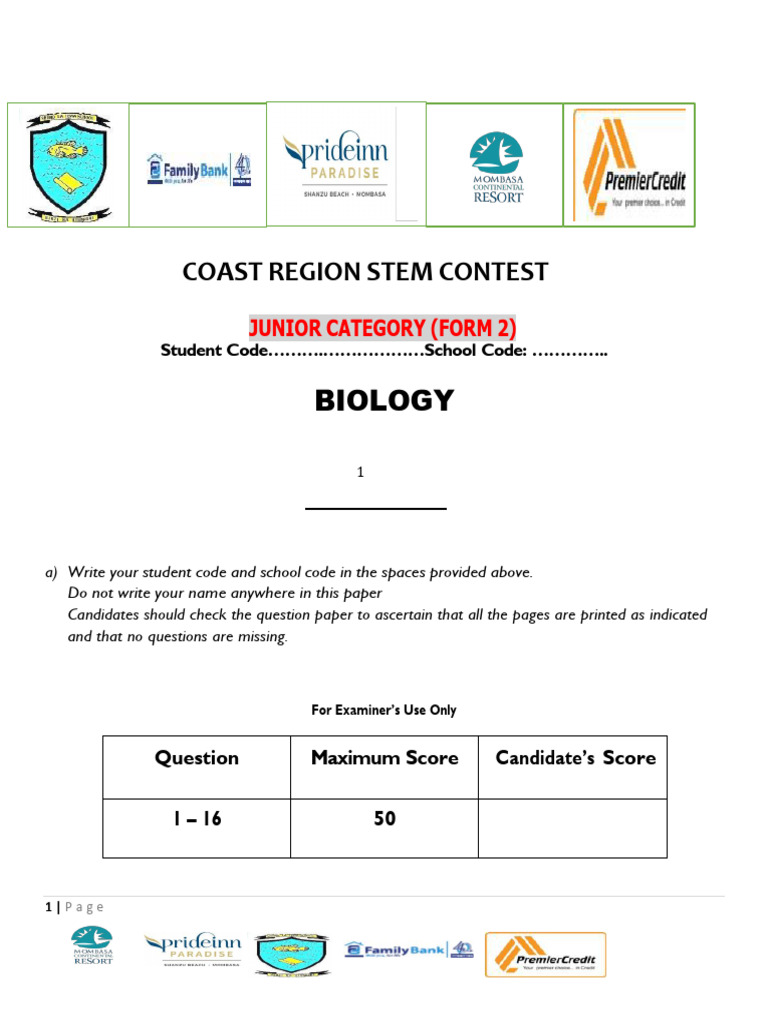 Form 2 Biology Exam Marking Scheme 2025 | PDF | Water | Biology